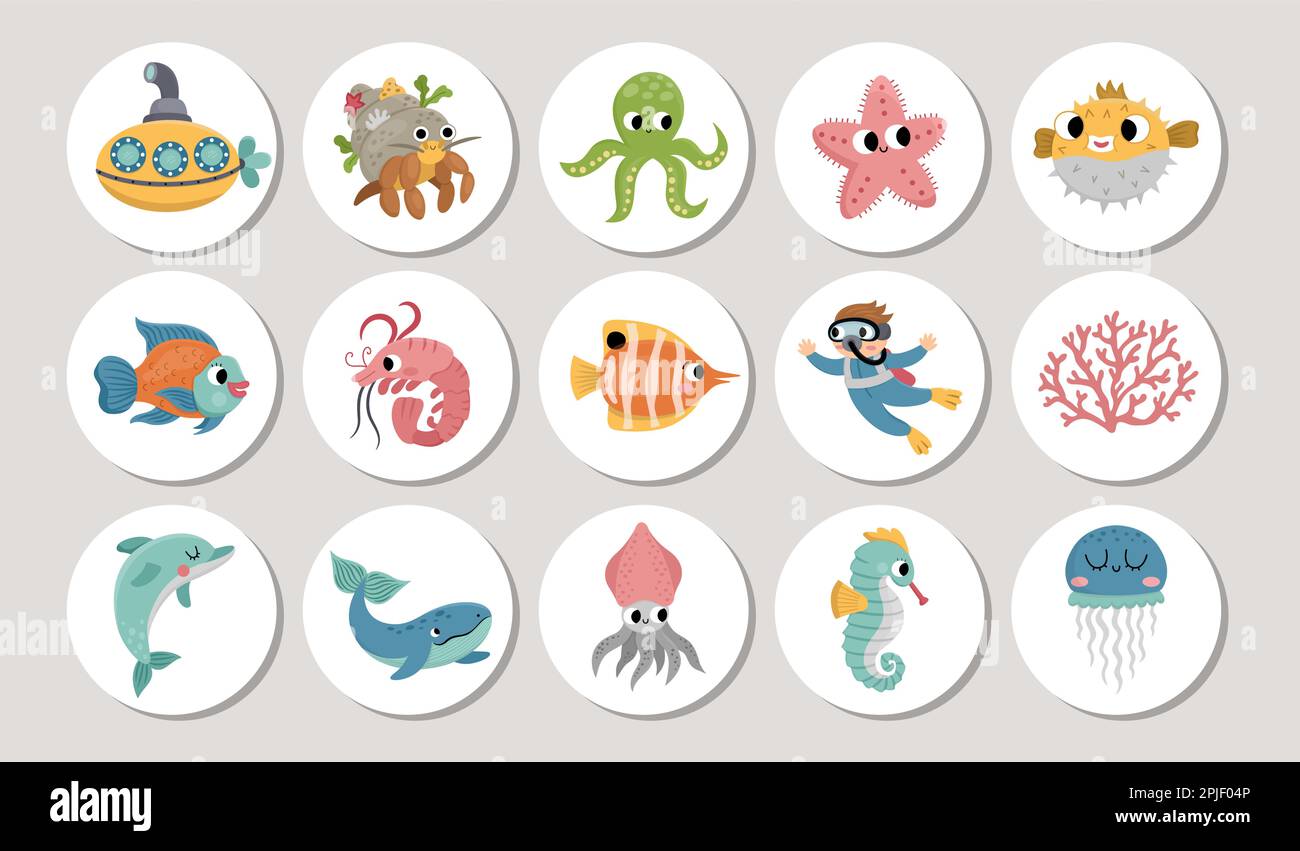 Cute under the sea round cards set with dolphin, whale, starfish ...