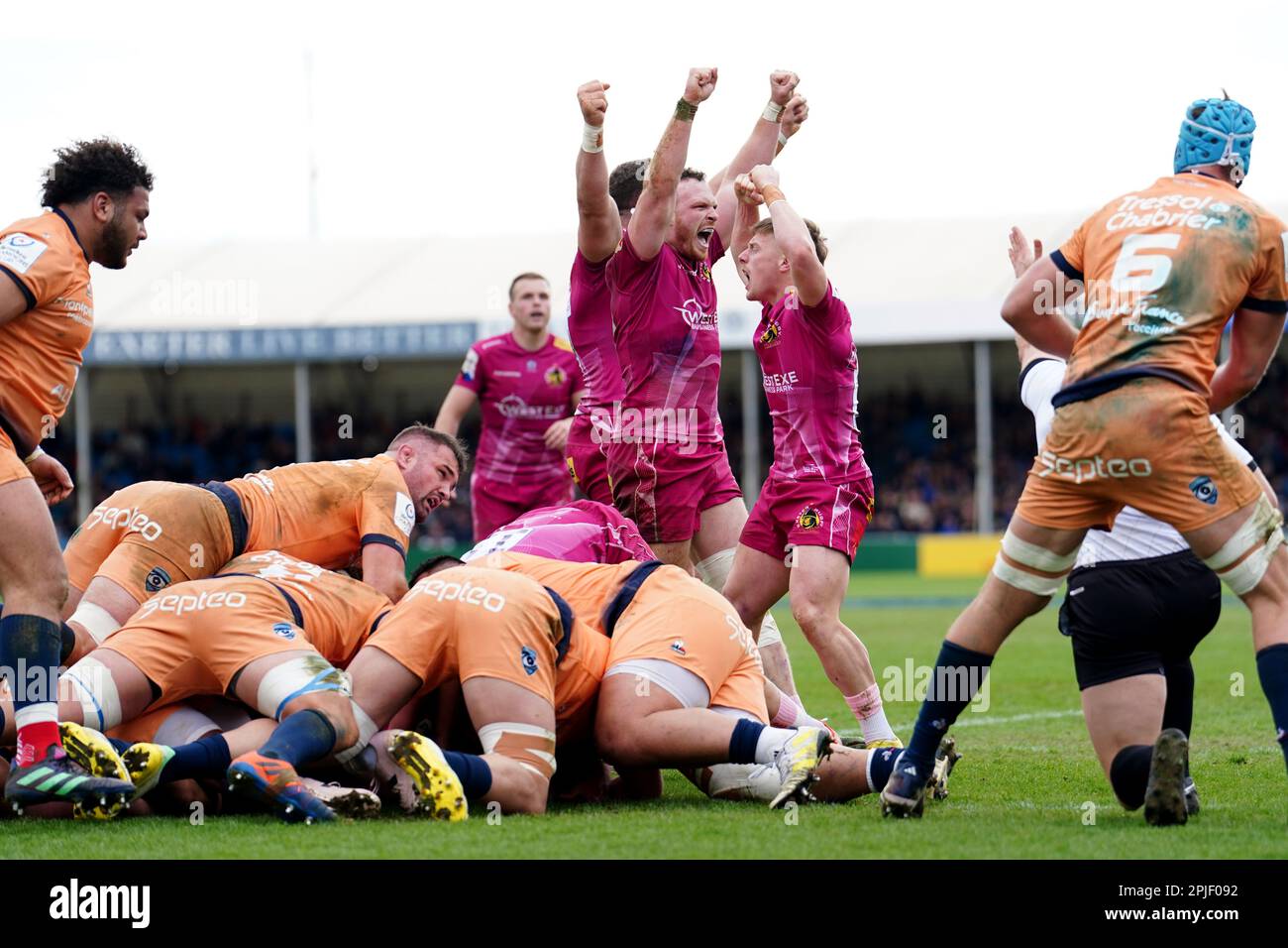 Exeter Chief’s Sam Simmonds celebrates after a try during the Heineken ...