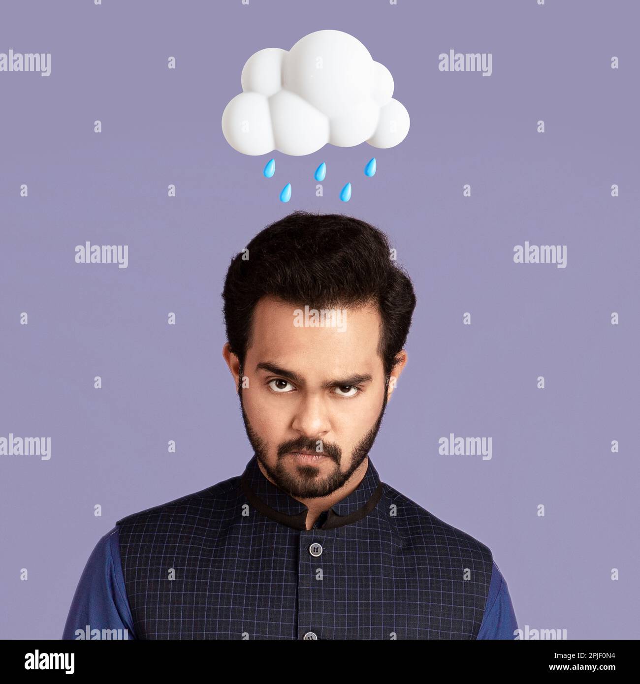 Unhappy angry young indian man with abstract cloud and rain sign above ...