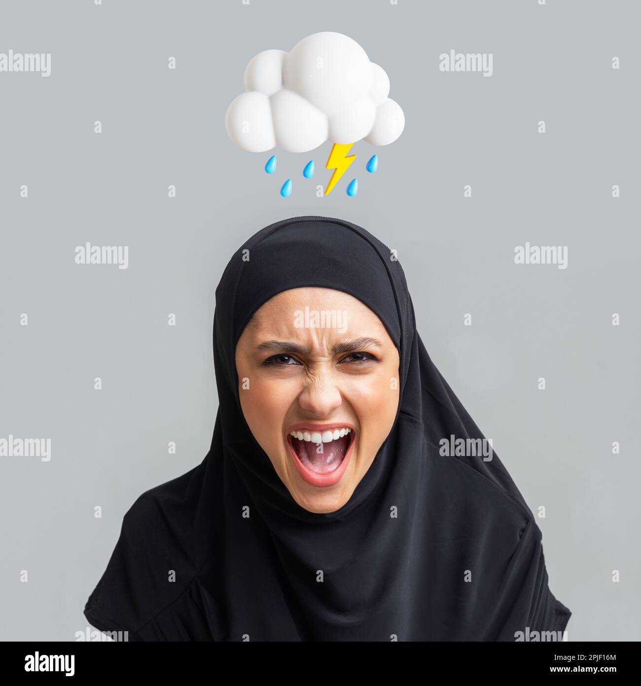 Angry excited young islamic lady in hijab freaking out, scream mouth ...
