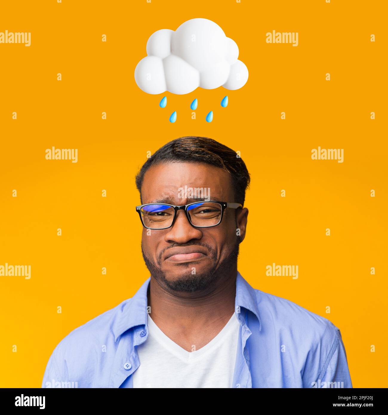 Sad adult african american male in glasses with abstract cloud and rain ...