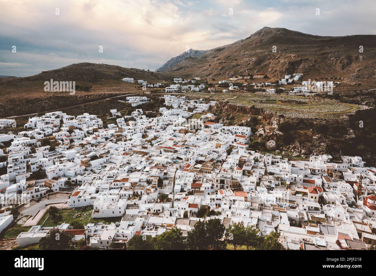 Lindos town in Greece aerial view white houses in Rhodes island ...