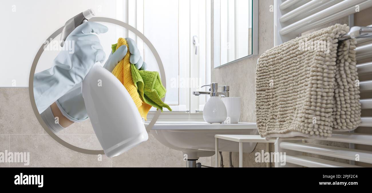 Cleaning service and products. Hands with gloves, rag and spray bottle ...