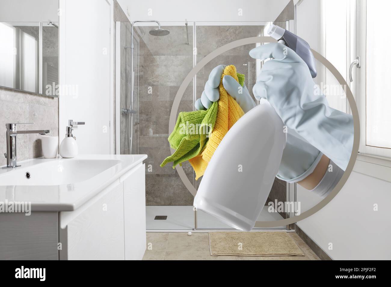 Cleaning service and products. Hands with gloves, rag and spray bottle ...