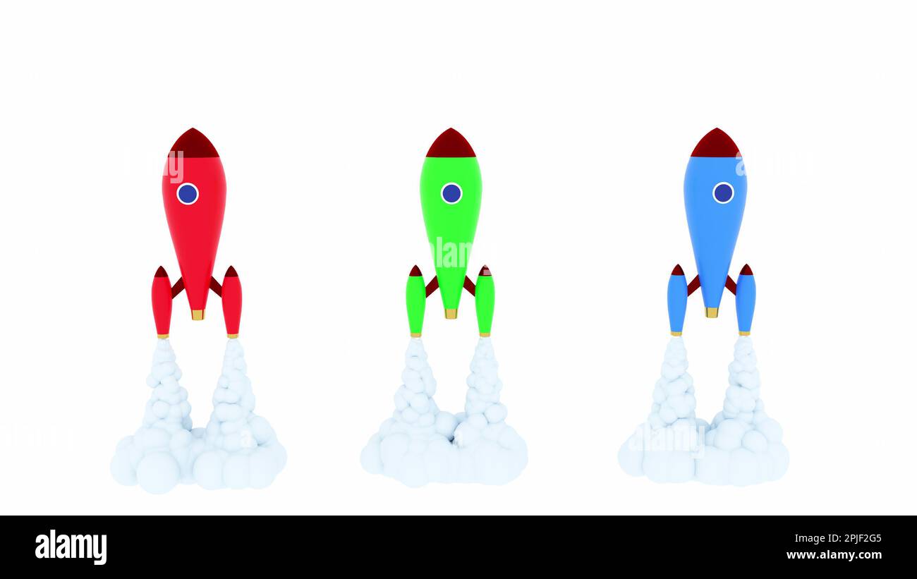 Strat of three rockets of red green blue 3d render Stock Photo - Alamy