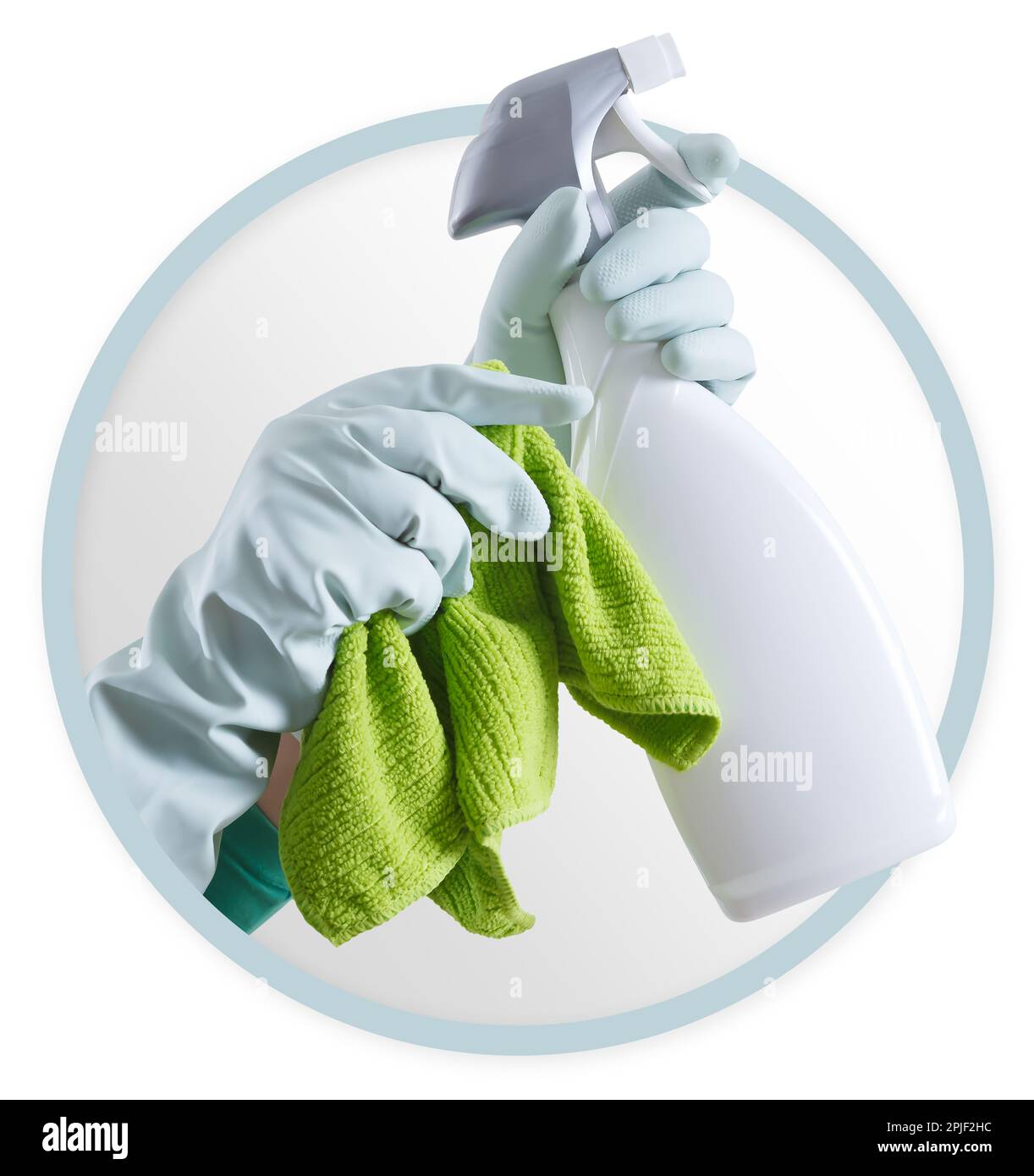 Cleaning service and products icon. Hands with gloves, green rag and ...