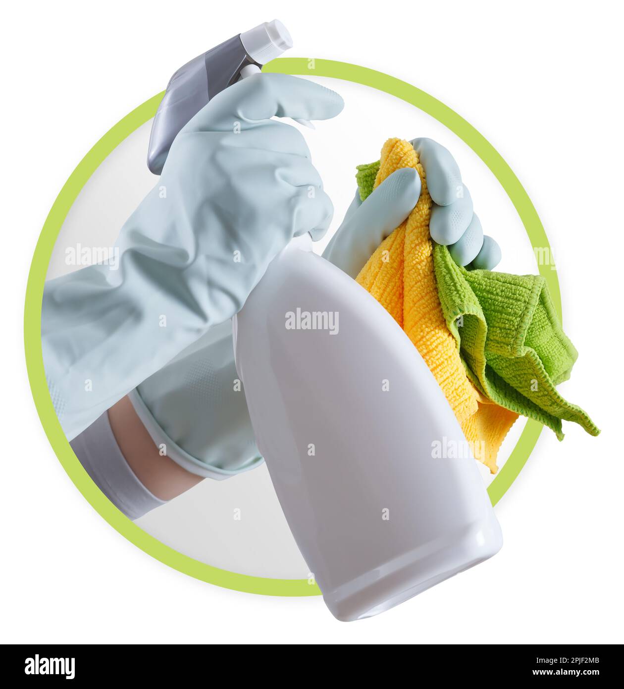 Cleaning service and bio products icon. Hands with gloves, green rag ...