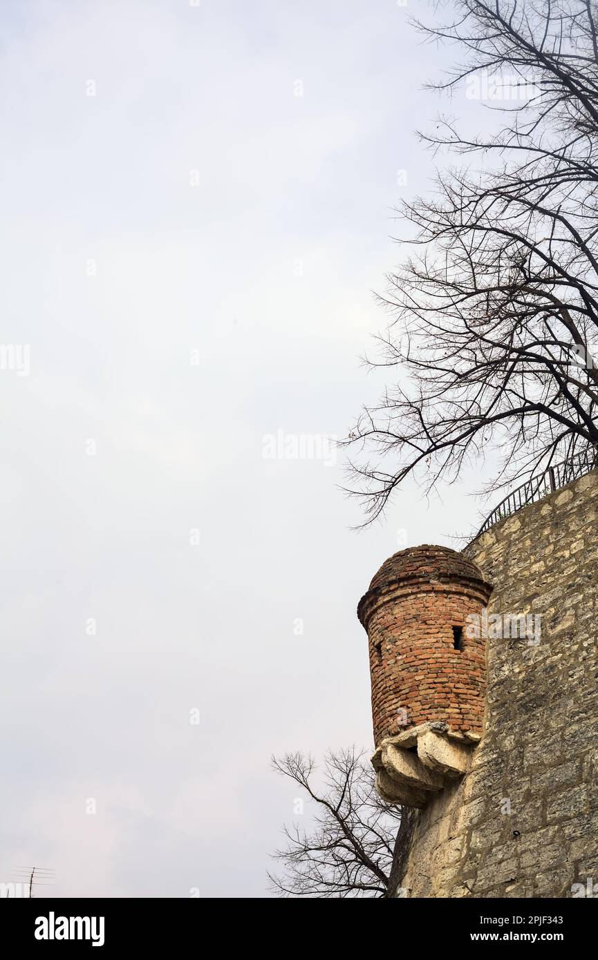 Outer boundary wall of a castle with trees and a cloudy sky as ...