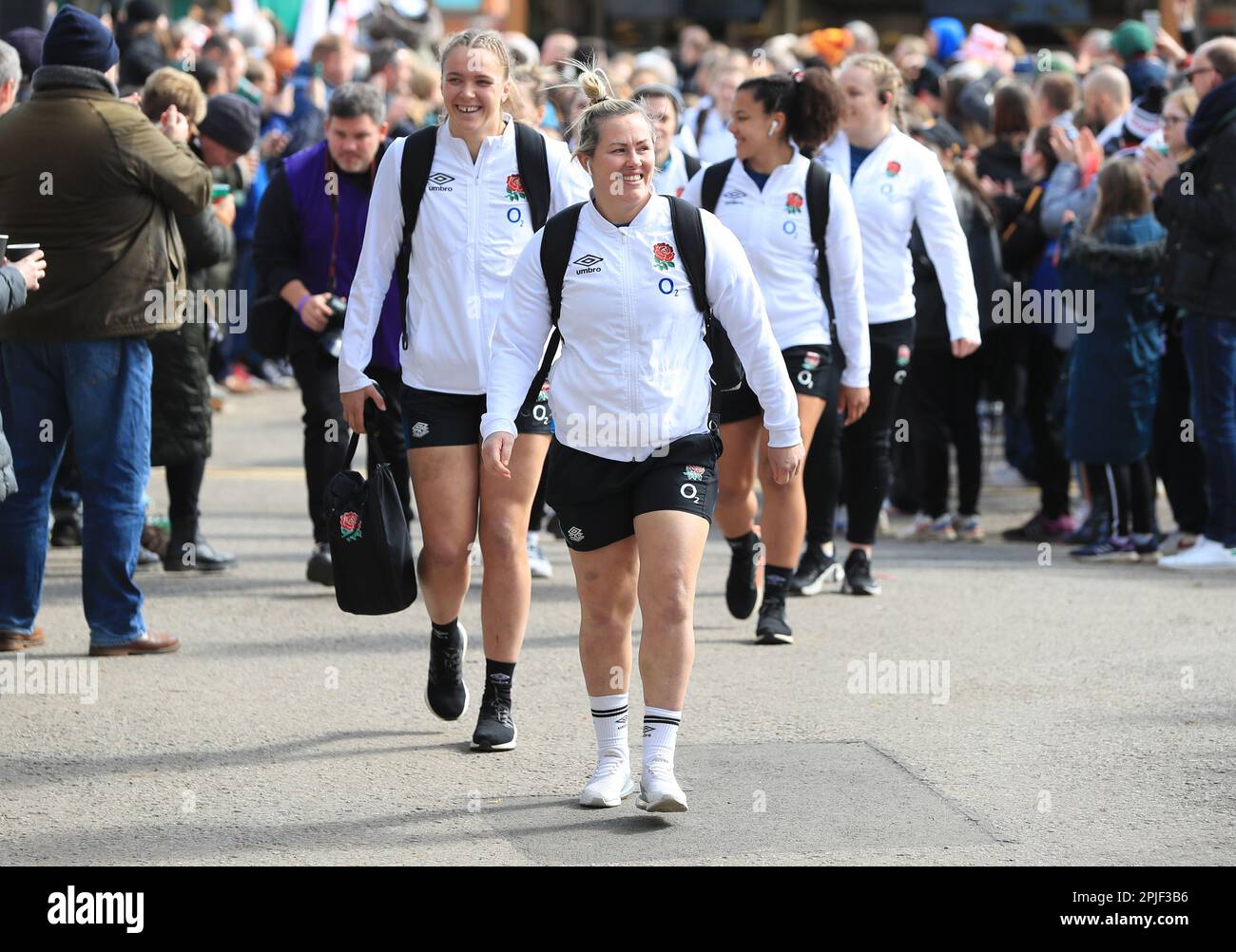 England Women’s Zoe Aldcroft (left) and Marlie Packer (centre) arrive ...