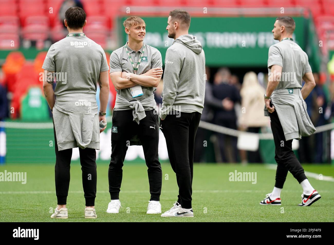 Plymouth Argyle’s Saxon Earley (centre) seen ahead of the Papa Johns ...