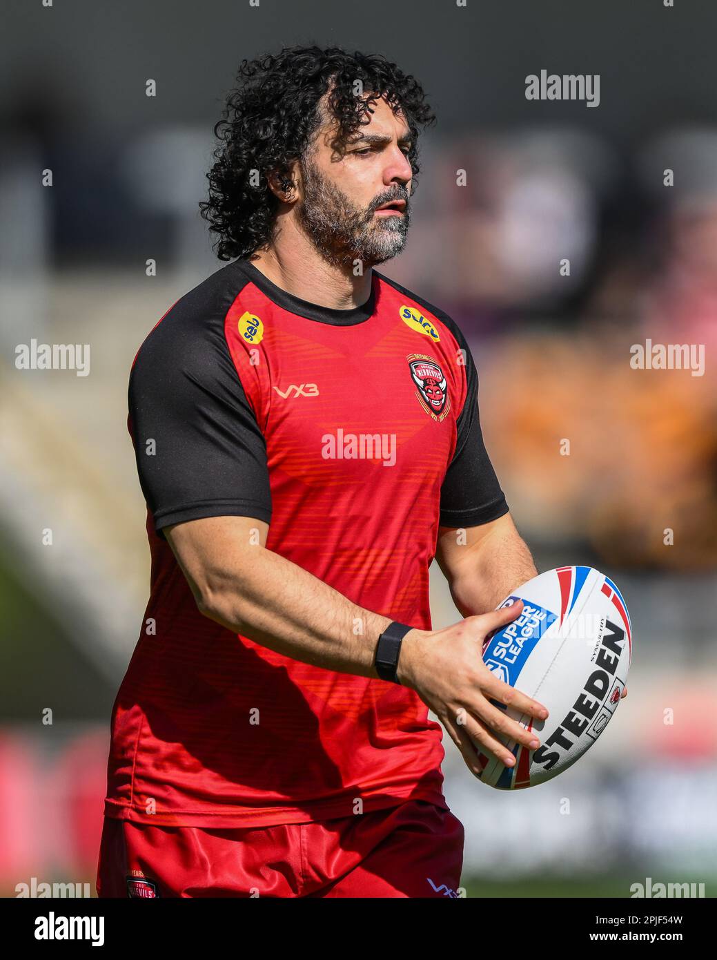 Rhys Williams #22 of Salford Red Devils during pre match warm up ahead ...