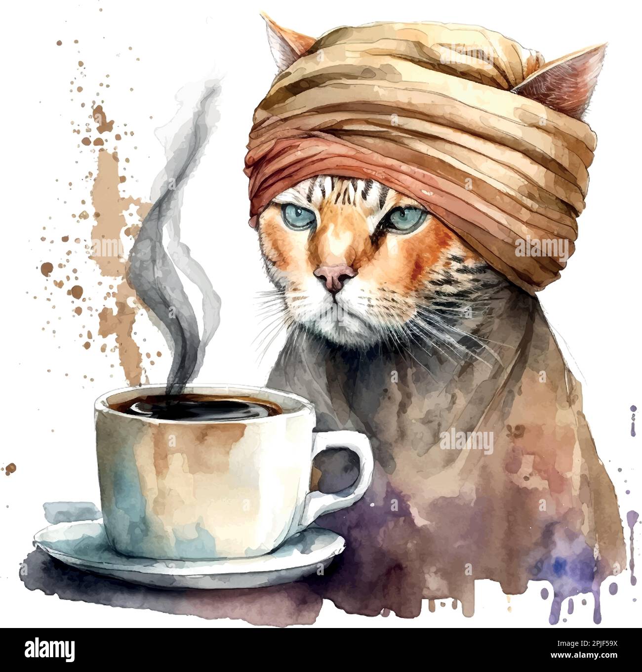 Turkish Cat with coffee cup. Muslim cat with turban. Watercolor Vector ...