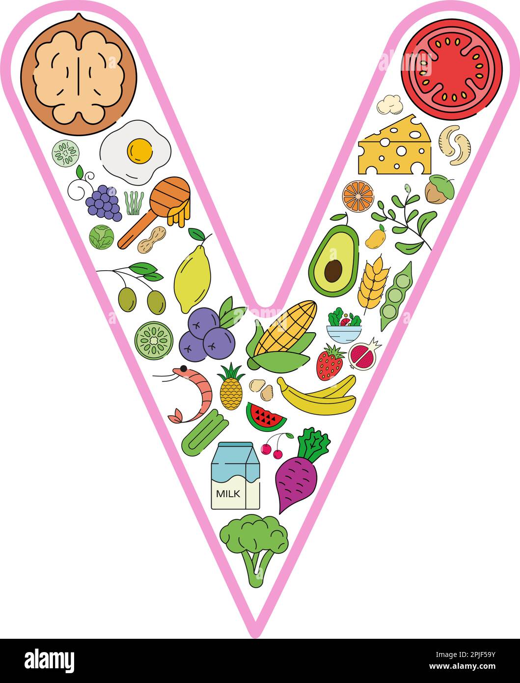 Food and drink collage icon set from letter V. Vector set of essential ...