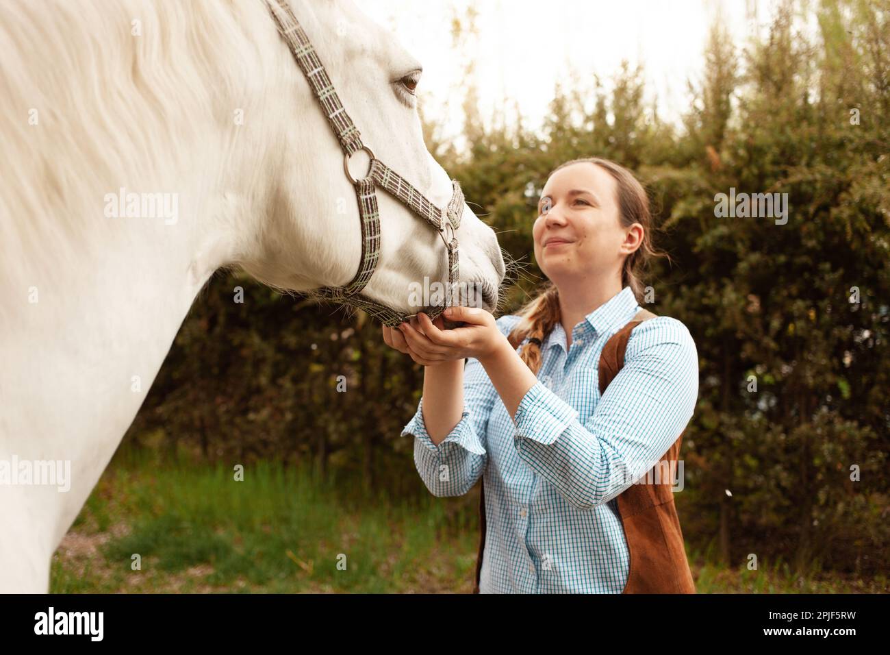 A beautiful young woman poses next to a white horse. Cowboy, ranch ...