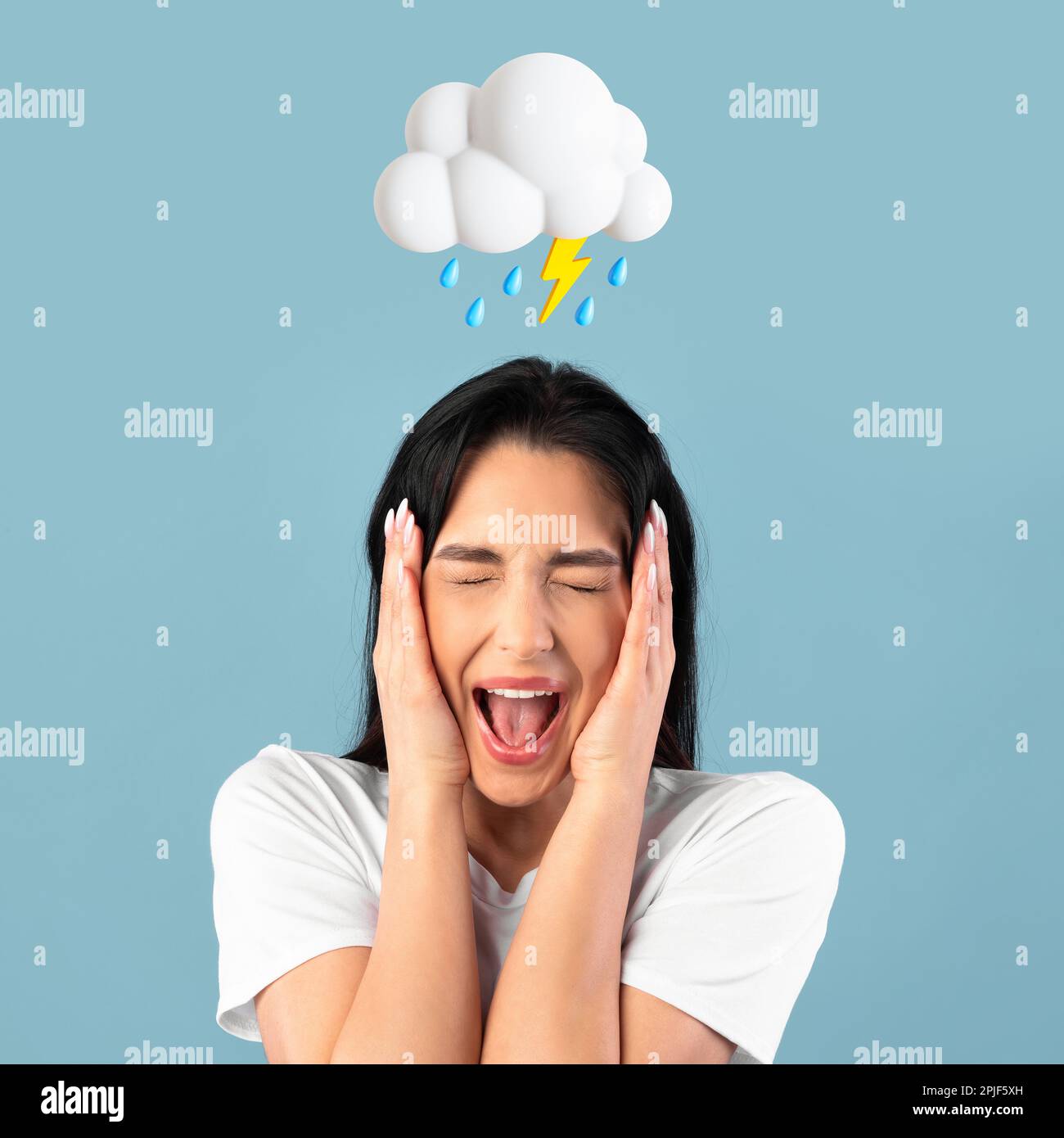 Angry upset millennial caucasian female scream from stress with open ...