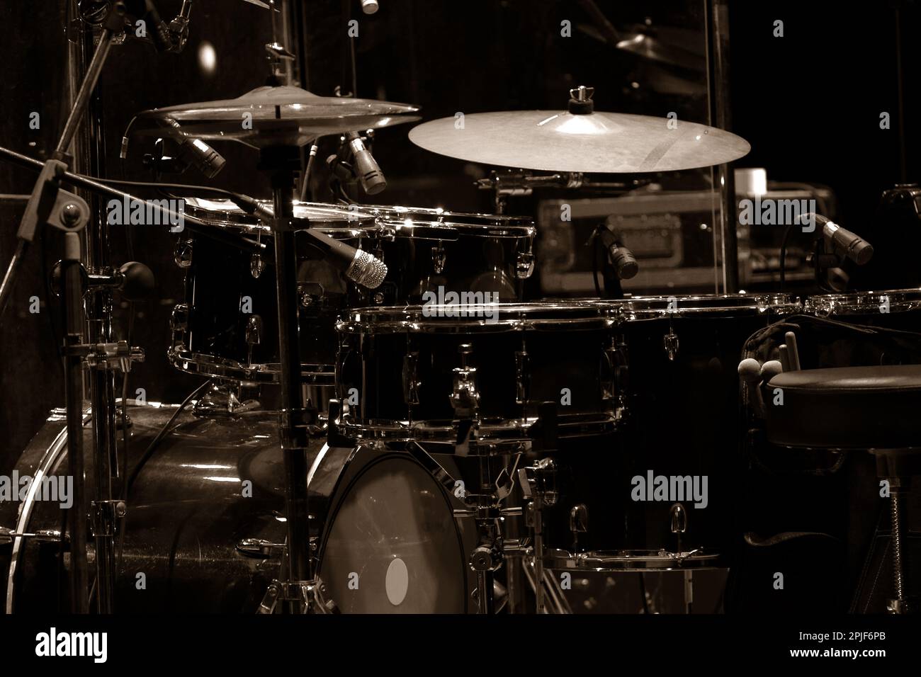 drum set on stage in a concert hall. Large-sized photo with soft change ...