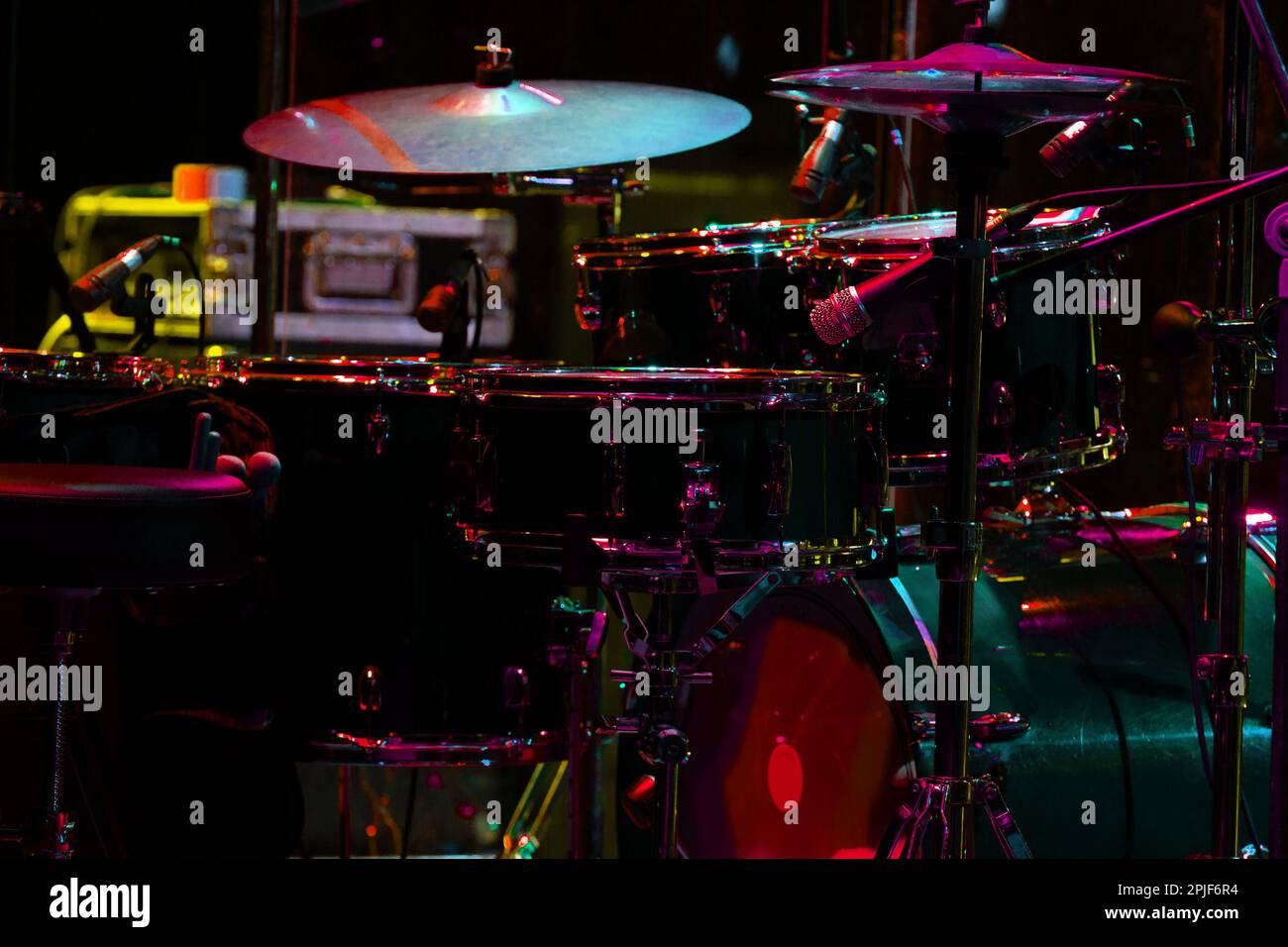 drum set on stage in a concert hall. Large-sized photo with soft change ...