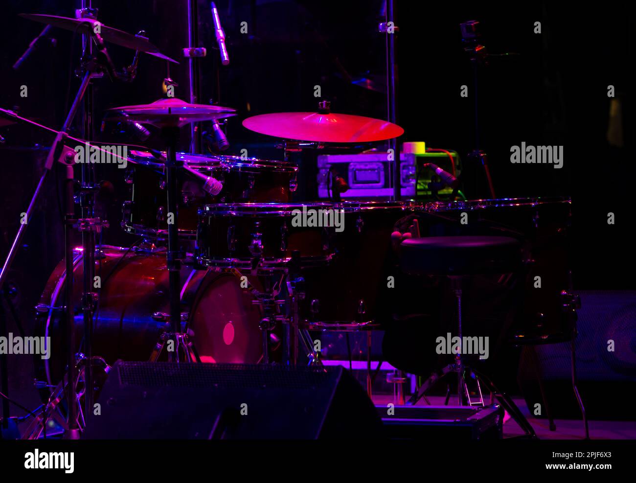 drum set on stage in a concert hall. Large-sized photo with soft change ...