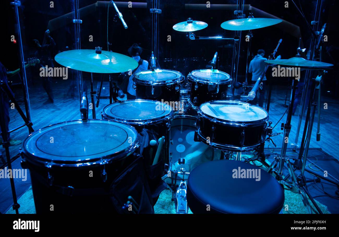 drum set on stage in a concert hall. Large-sized photo with soft change ...