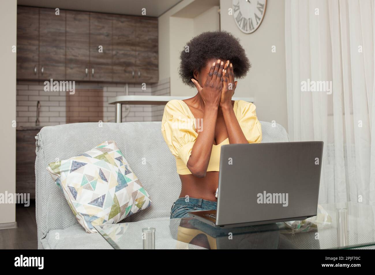 portrait of African American black woman at home. Indoor, woman is ...