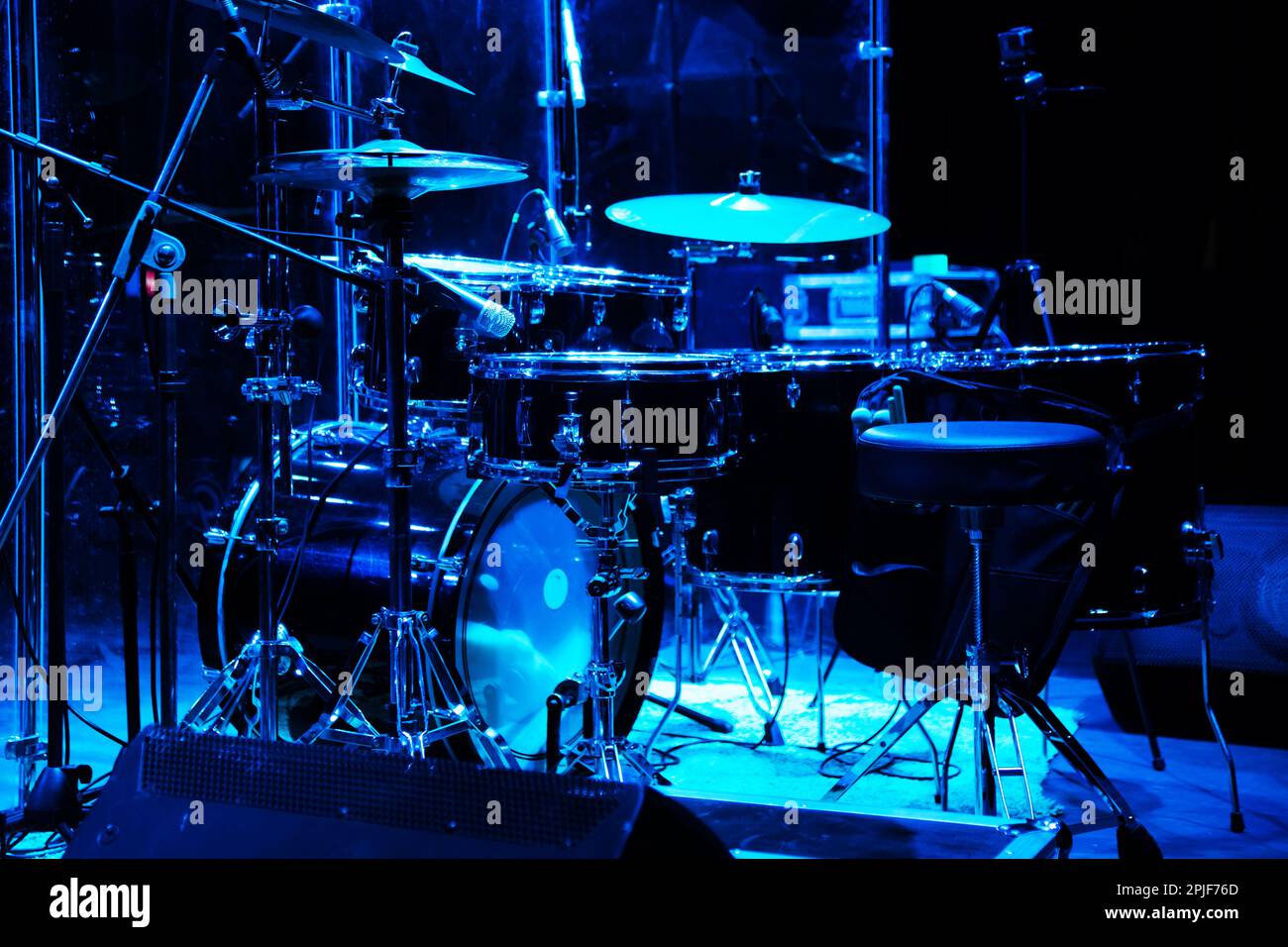 drum set on stage in a concert hall. Large-sized photo with soft change ...