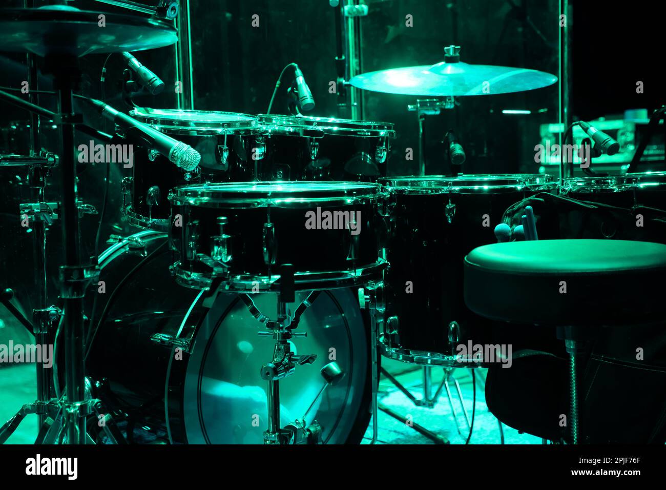 drum set on stage in a concert hall. Large-sized photo with soft change ...