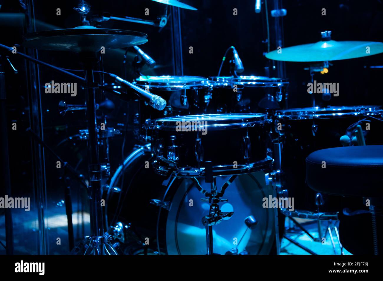 drum set on stage in a concert hall. Large-sized photo with soft change ...