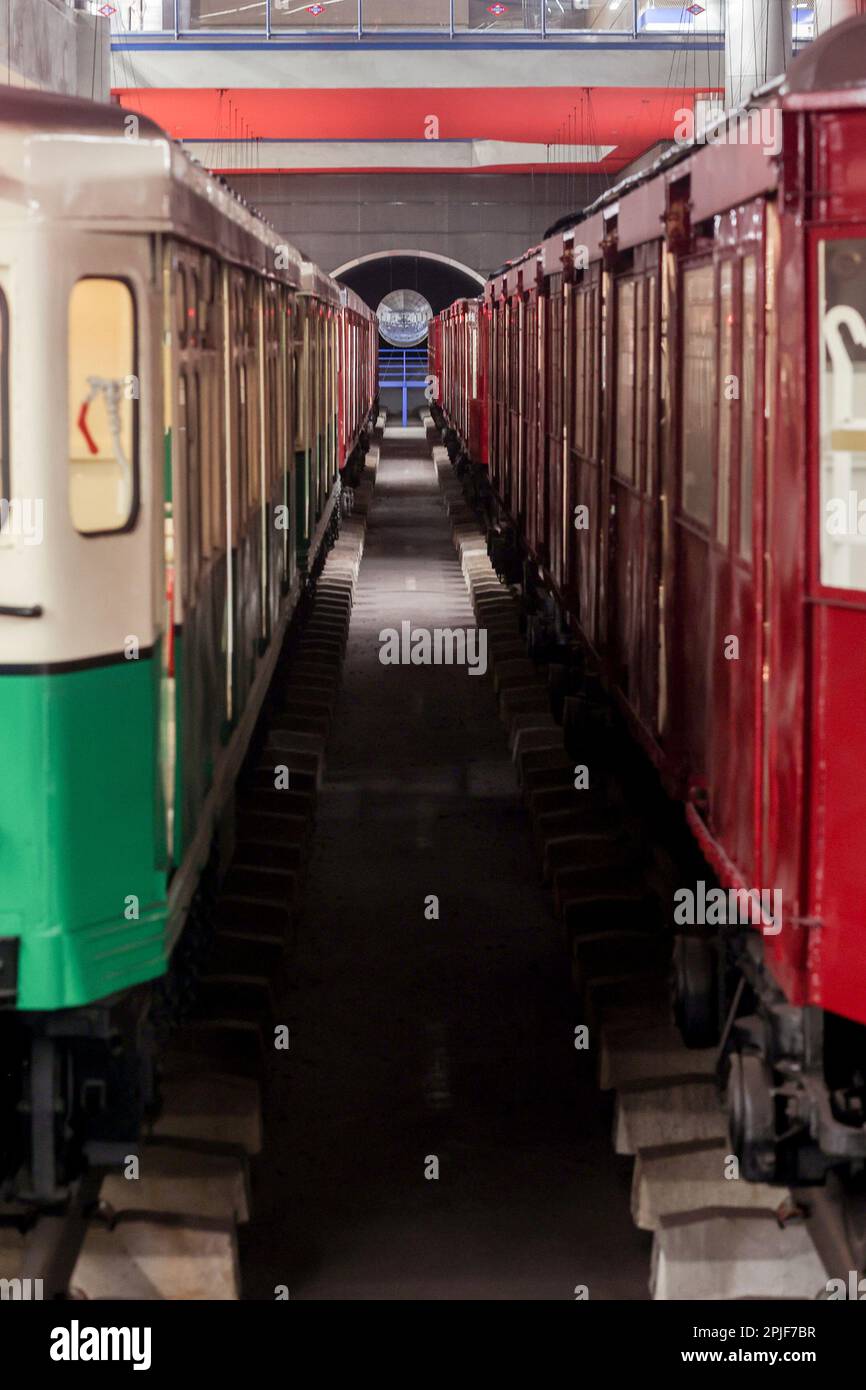 Vintage metro train carriages at the Chamartín metro station museum, on ...