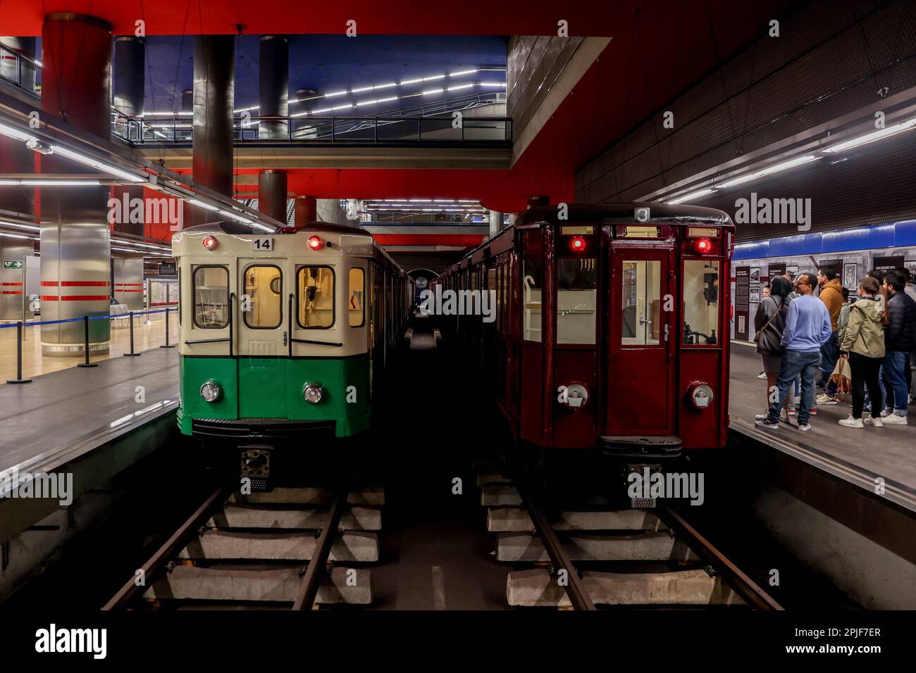 Vintage metro train carriages at the Chamartín metro station museum, on ...