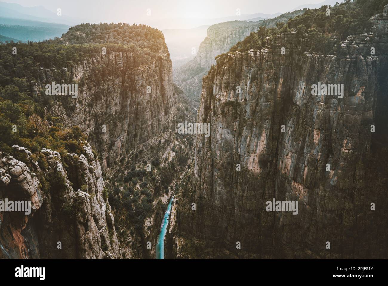 Aerial view Tazi canyon landscape rocky mountains and river in Turkiye ...