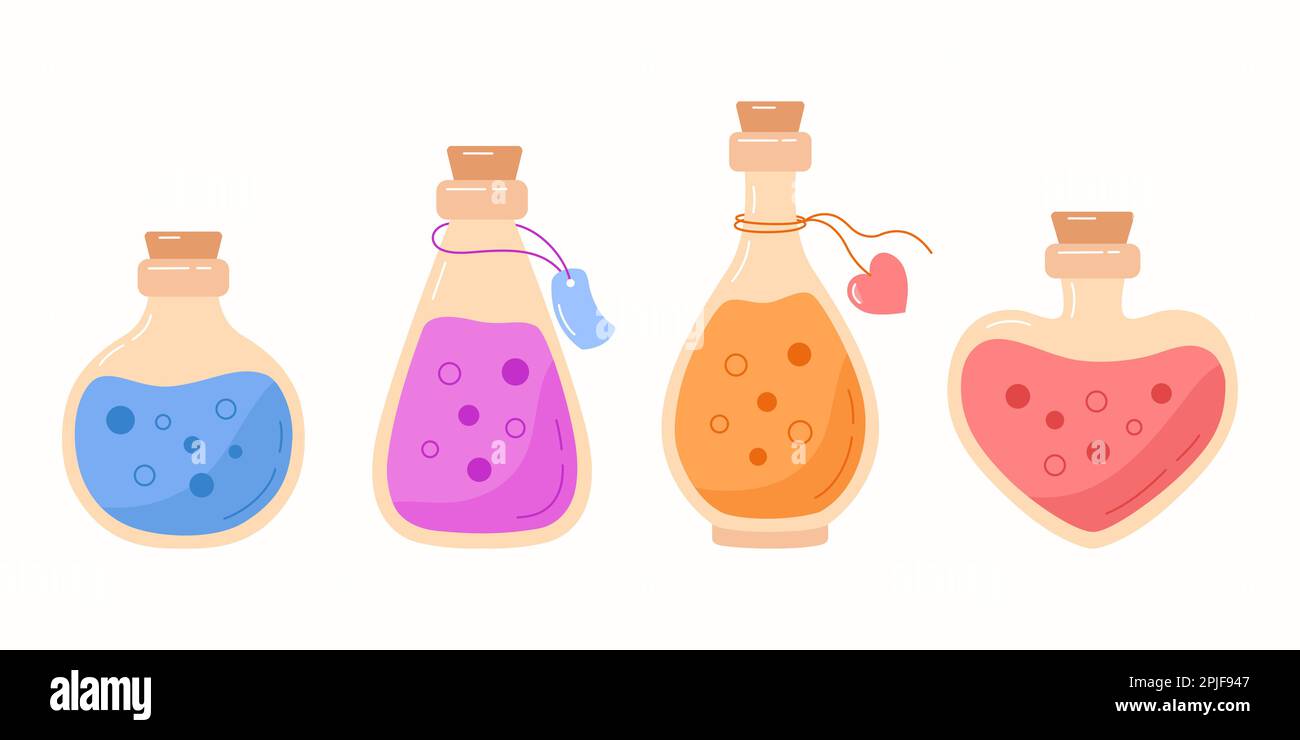 Collection of hand drawn magic potions and liquid elixirs in flat style ...