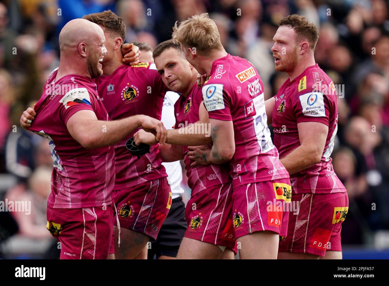 Exeter Chief’s Joe Simmonds celebrates with teammates after converting ...