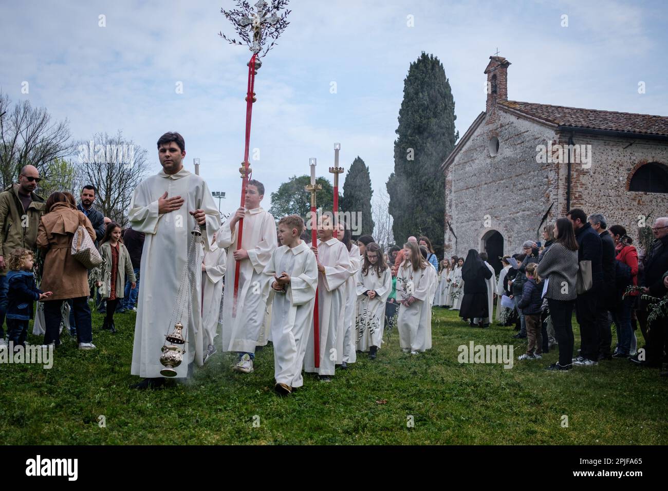 Castello Di Godego, Italy. 02nd Apr, 2023. Altar boys are seen walking ...