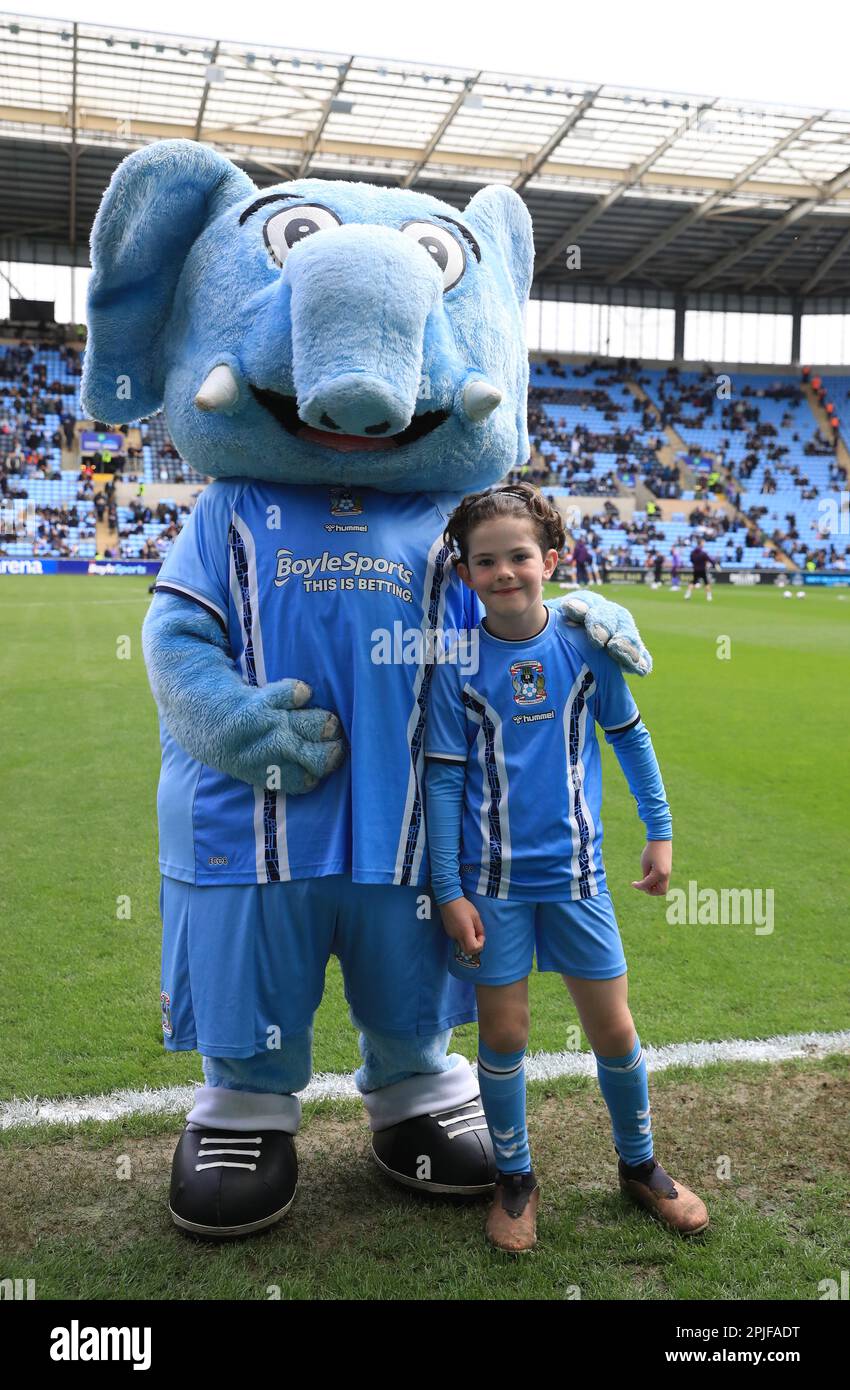 A Coventry City match day mascot poses with Sky Blue Sam ahead of the ...