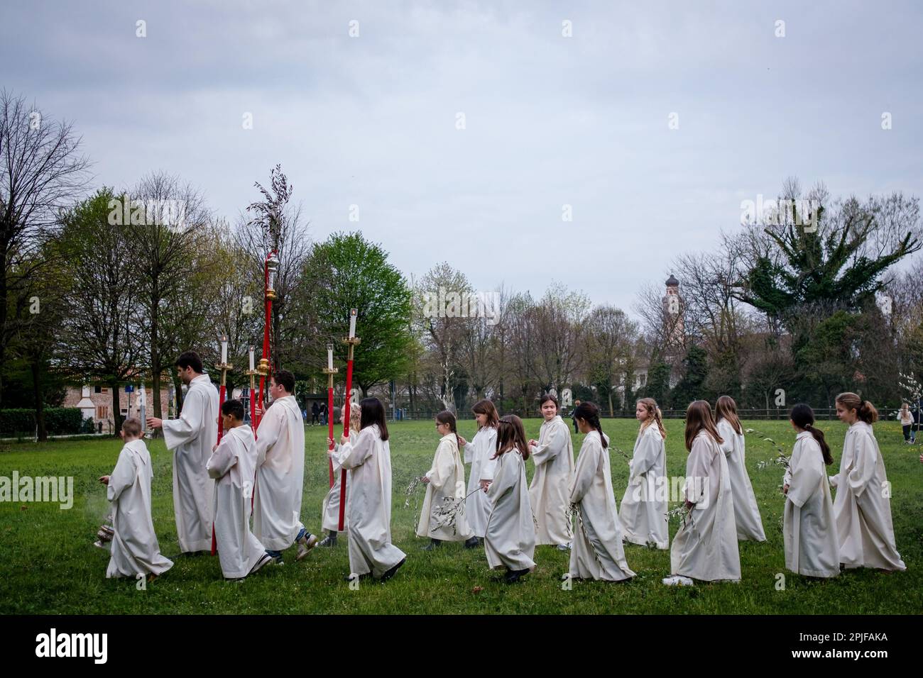 Castello Di Godego, Italy. 02nd Apr, 2023. Altar boys are seen walking ...