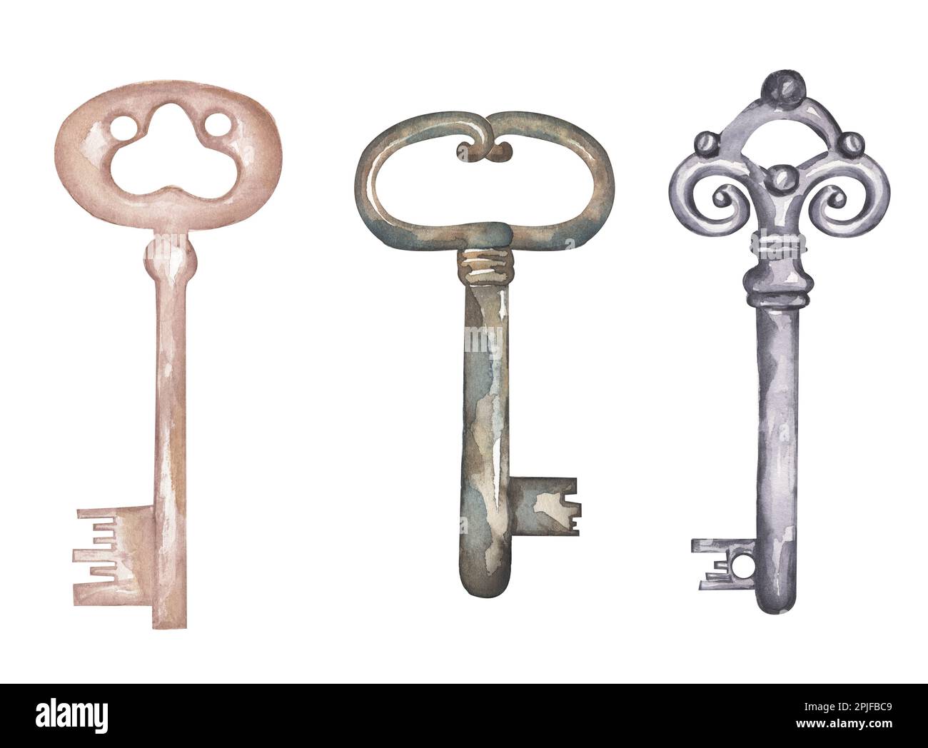 Watercolor retro style key illustration set. Hand drawn vintage key ...