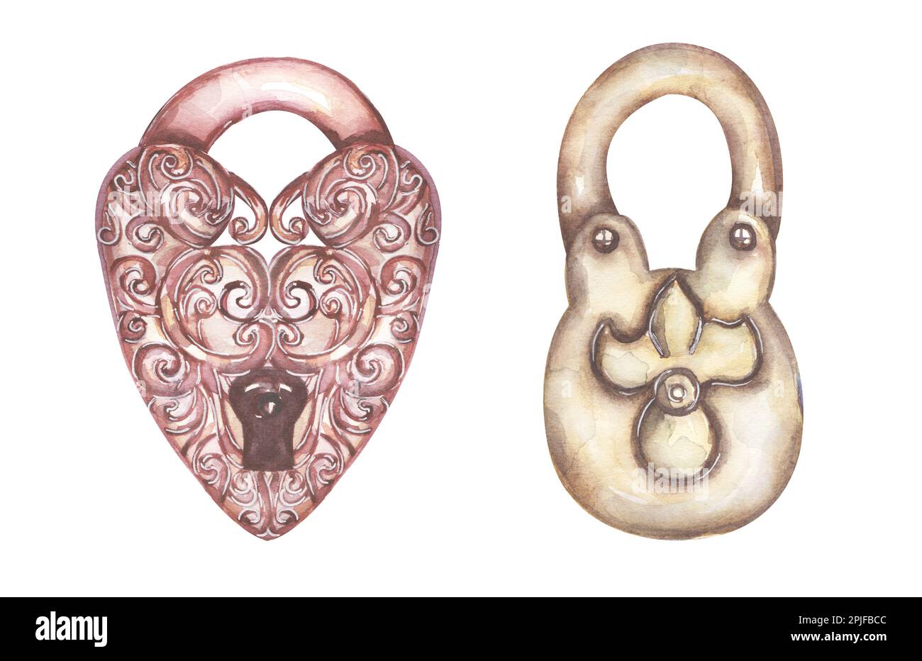 Watercolor retro style lock set illustration. Hand drawn vintage ...