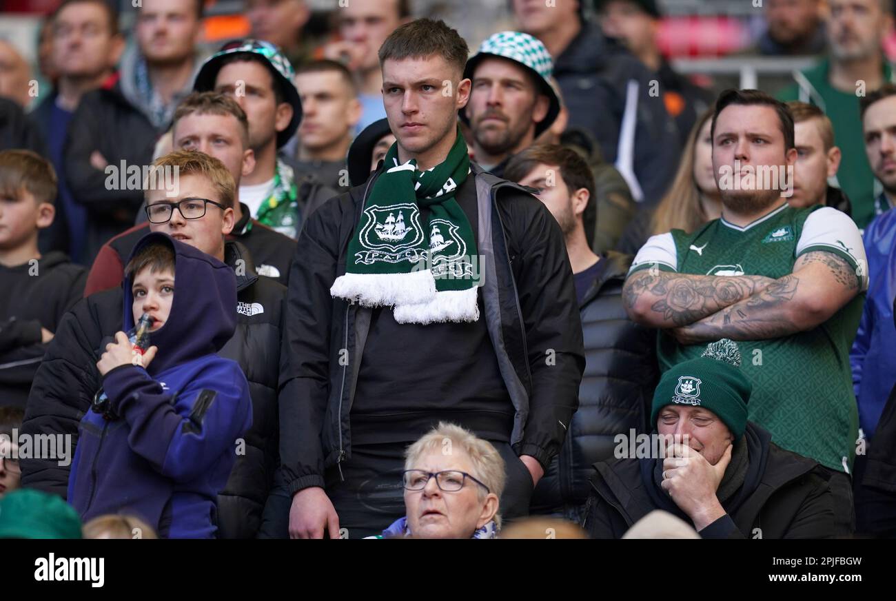 Plymouth Argyle fans look dejected during the Papa Johns Trophy final ...
