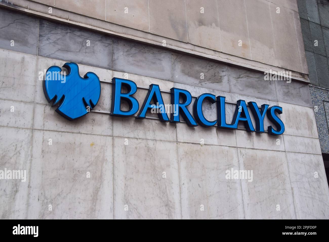 London, UK. 1st April 2023. Detail of the sign at a Barclays Bank ...