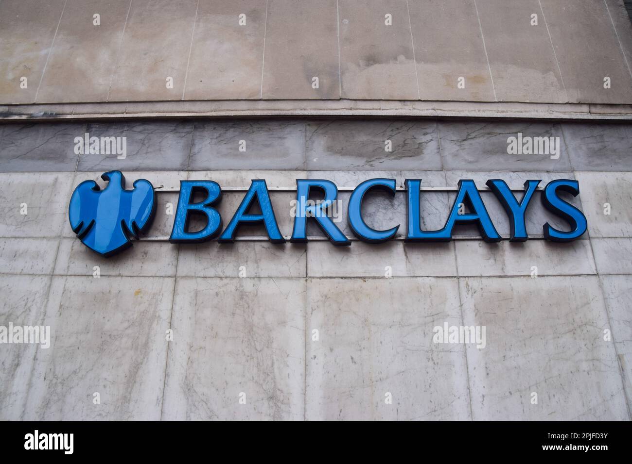 London, UK. 1st April 2023. Detail of the sign at a Barclays Bank ...