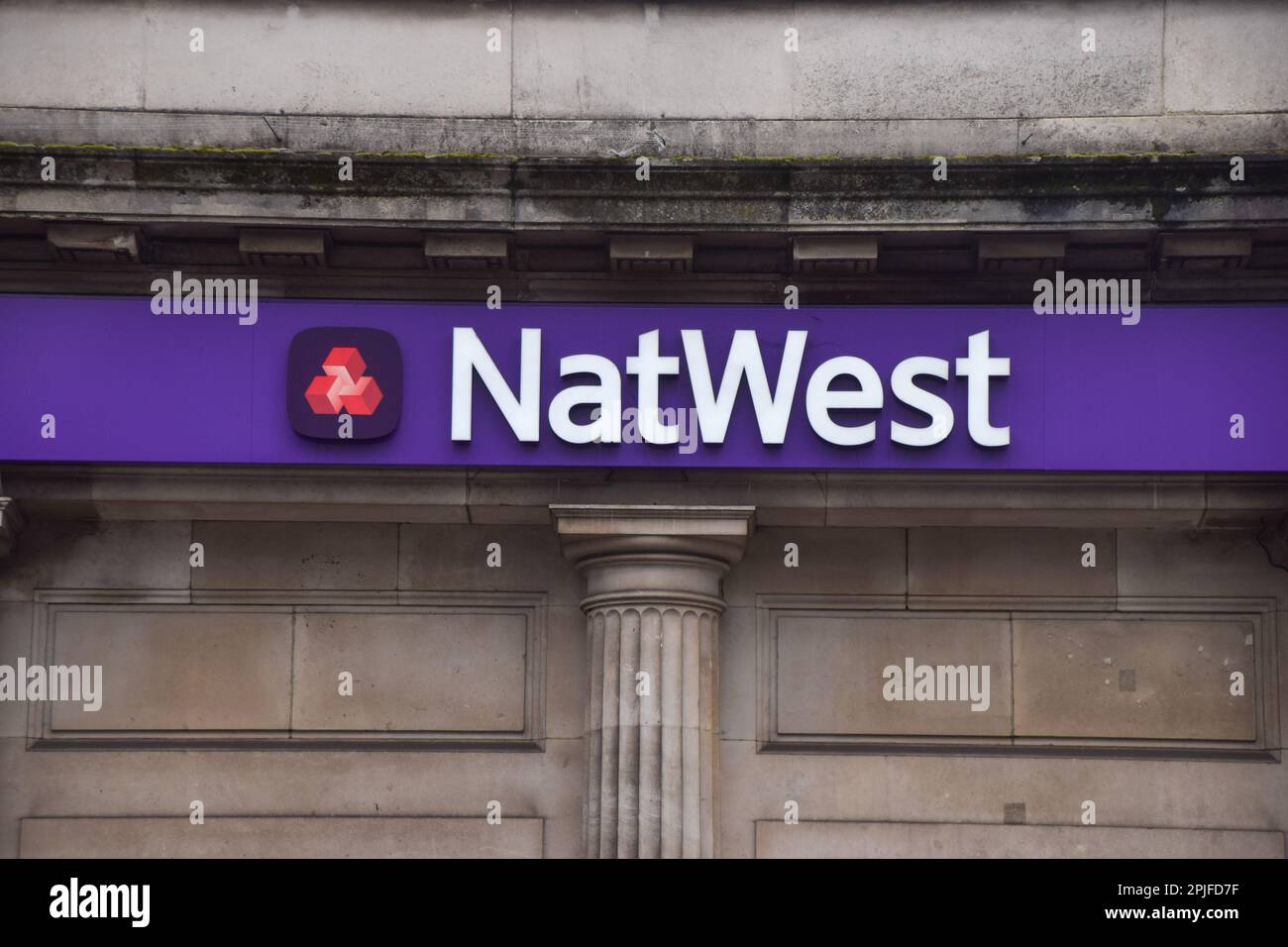 London, UK. 1st April 2023. Detail of the sign at a NatWest bank branch ...