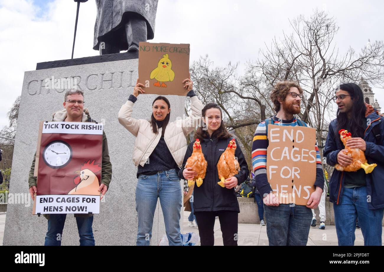 London, England, UK. 2nd Apr, 2023. Protesters hold signs and plush toy ...