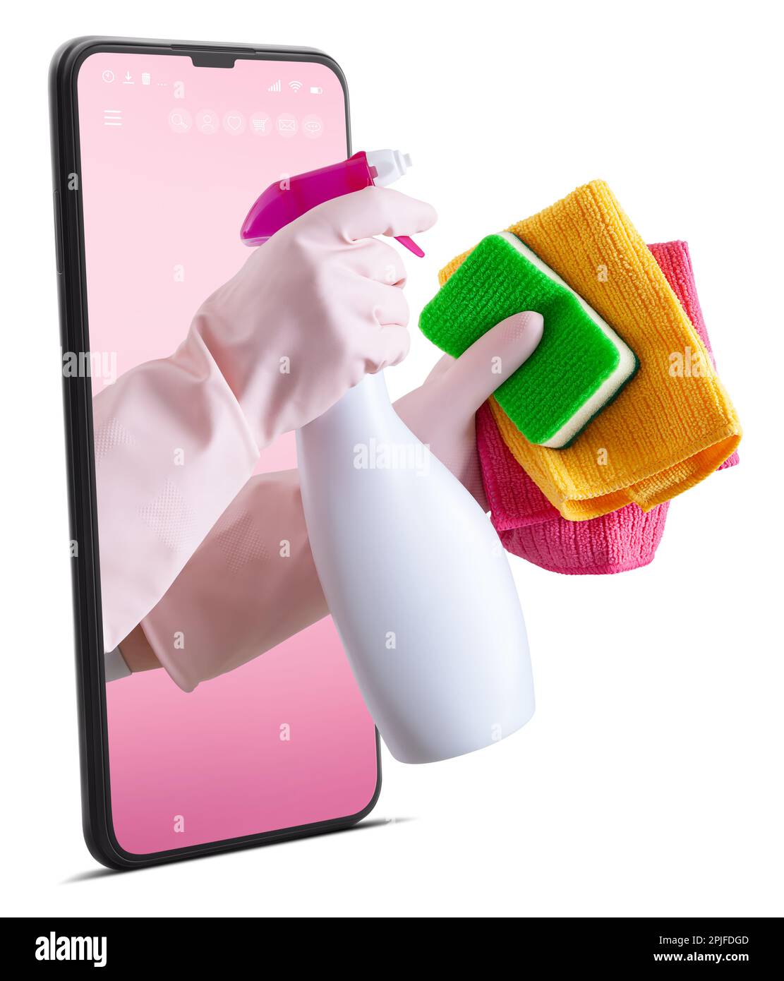 Cleaning service and products. Hands with gloves, rags and spray bottle ...