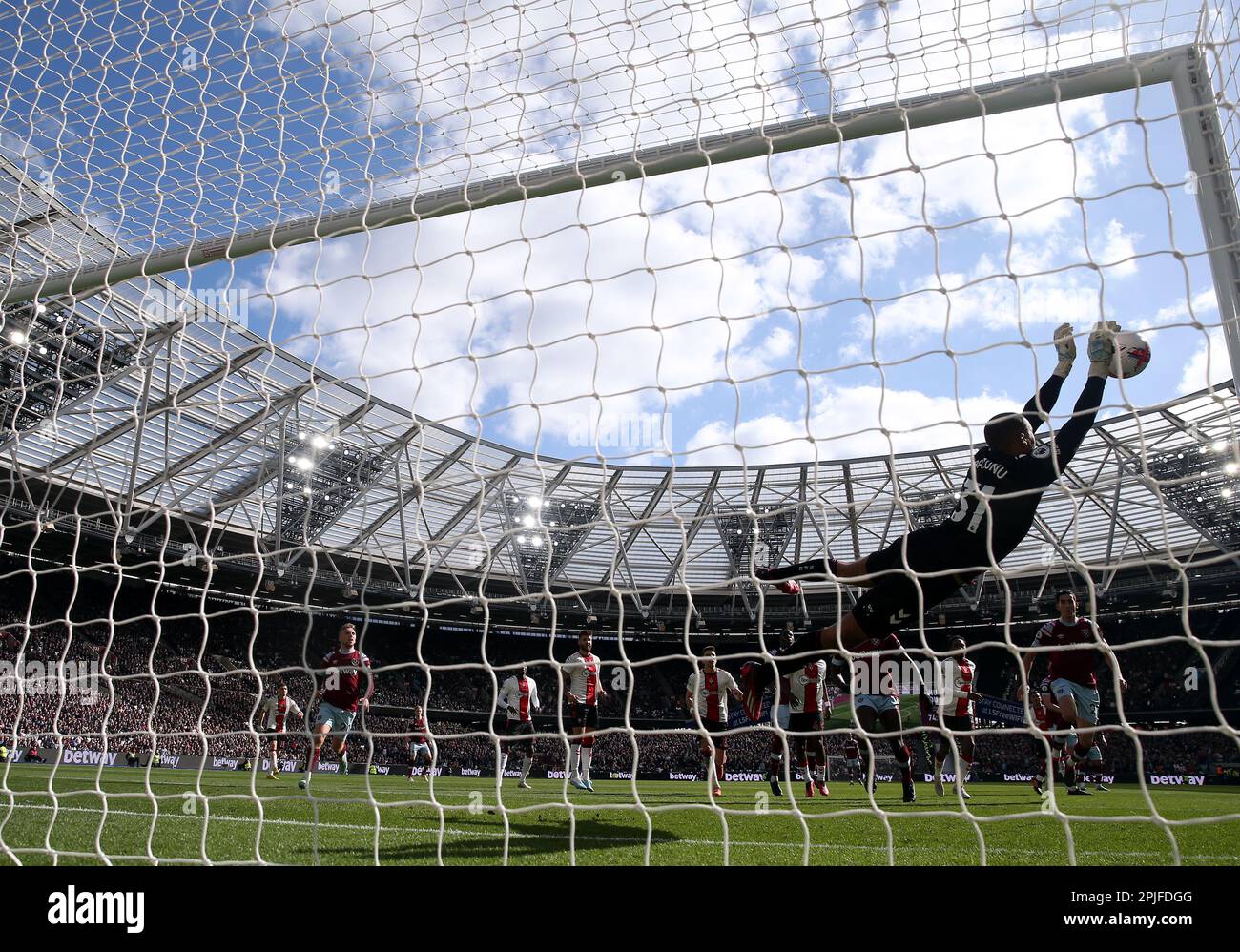 Southampton goalkeeper Gavin Bazunu makes a save during the Premier ...