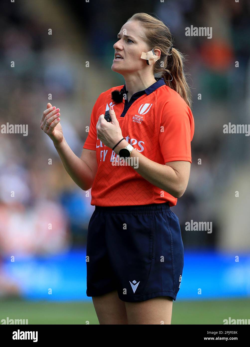 Referee Kat Roche reviews England’s third try before disallowing it ...