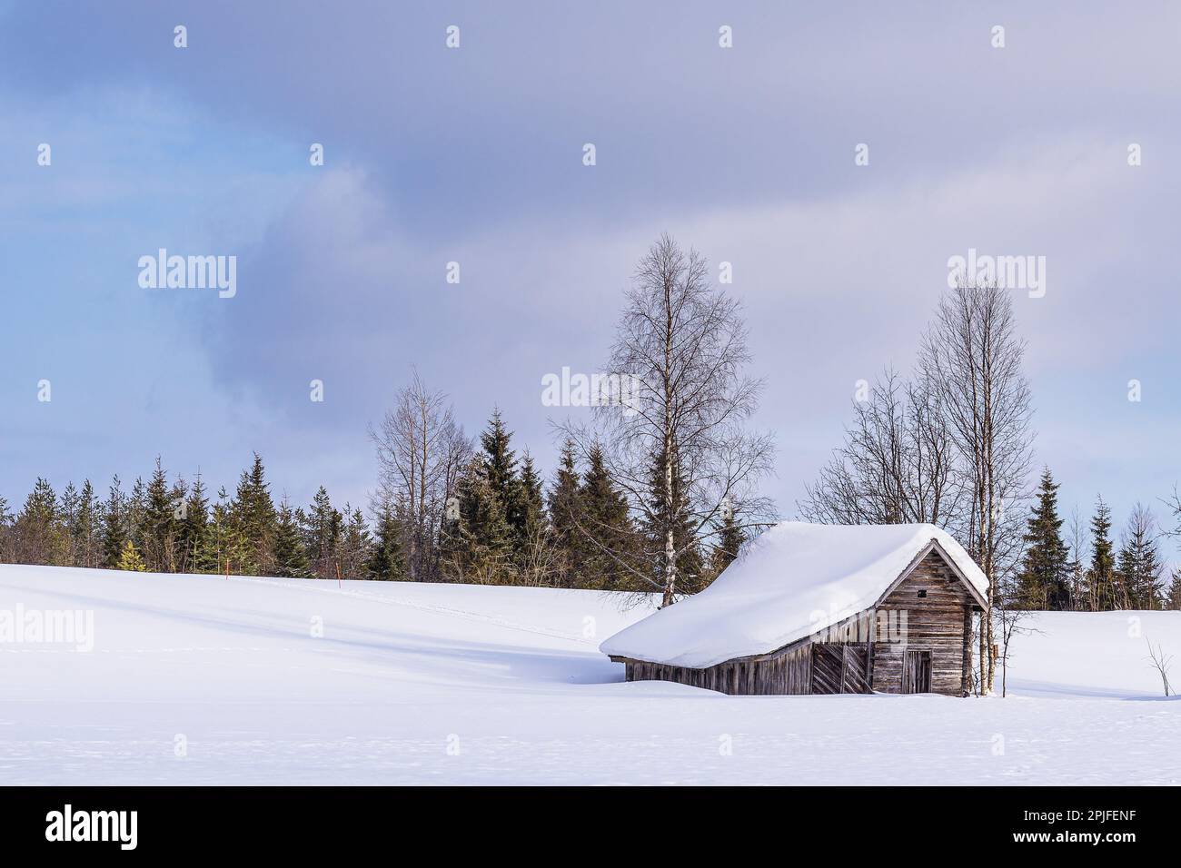 Landscape with snow and hut in wintertime in Kuusamo, Finland Stock ...