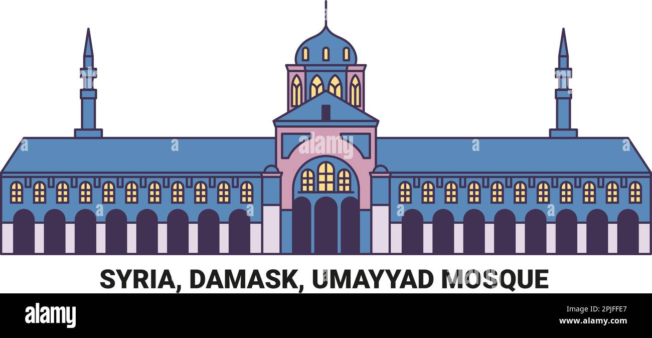 Syria, Damask, Umayyad Mosque, travel landmark vector illustration ...