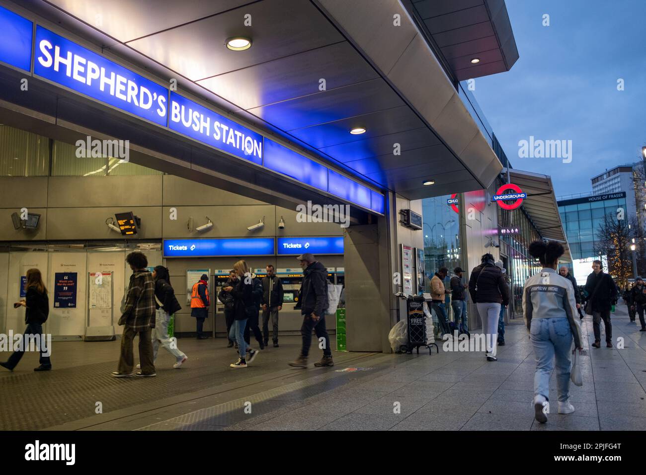 London- February 2023: Shepherds Bush underground station entrance ...
