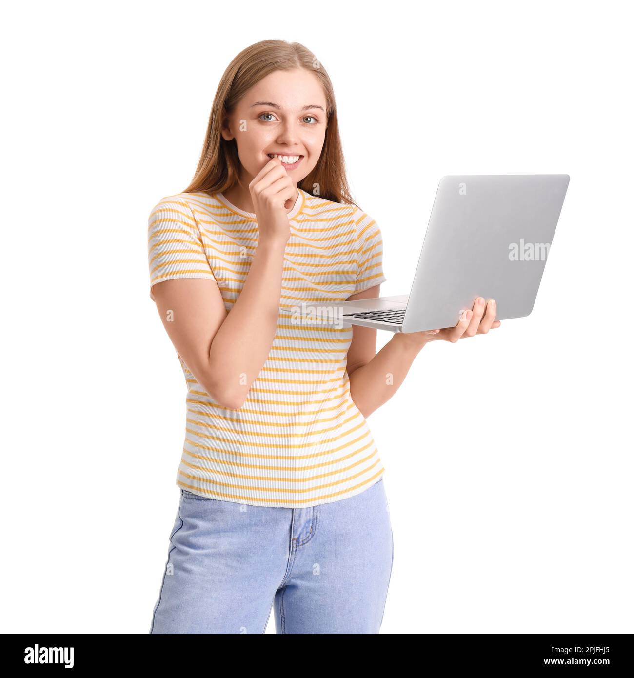 Young woman with laptop biting nails on white background Stock Photo ...