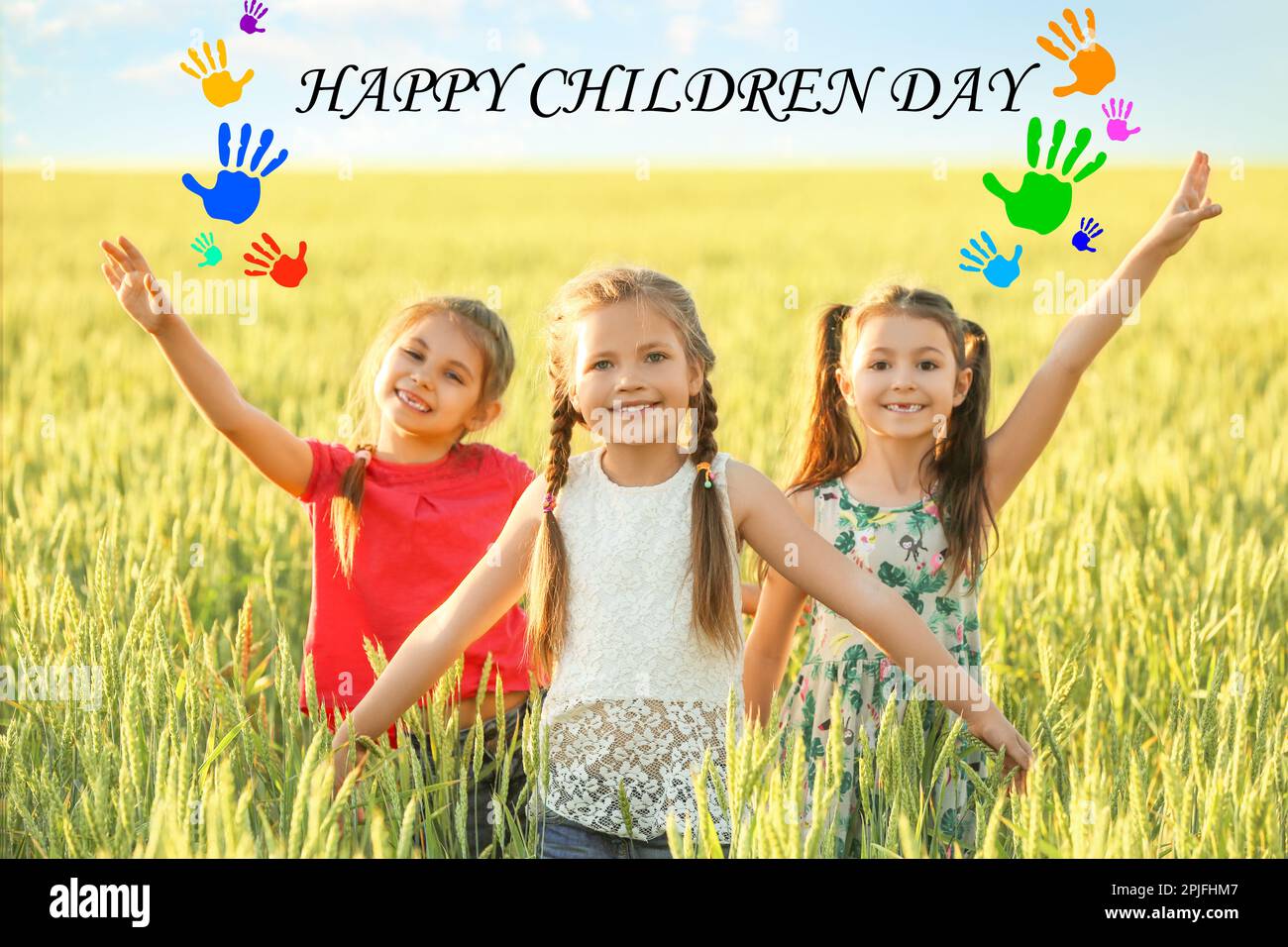 Greeting card for Happy Children's Day with little girls in field Stock ...